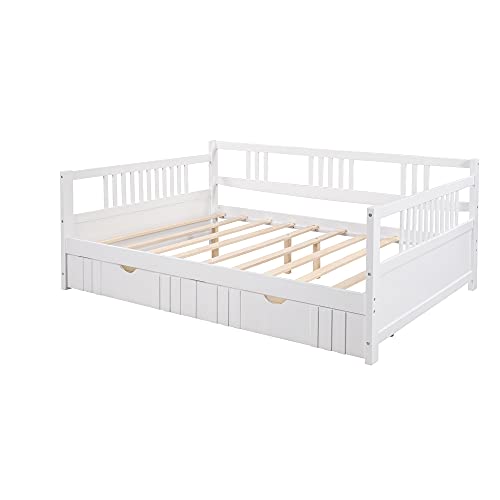 HYC Wood Full Size Daybed with Drawers Storage, Teens Adults Dual Use Sofa Bed for Bedroom, White