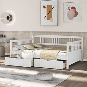 HYC Wood Full Size Daybed with Drawers Storage, Teens Adults Dual Use Sofa Bed for Bedroom, White