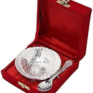 Aluminium -Silver Plated Small Bowl Set with Spoon Size - 3.5 Inch Diameter Bowl , capacity -100 ml /3.38 OZ -30 Grams bowl weight