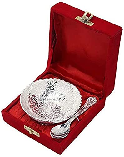 Aluminium -Silver Plated Small Bowl Set with Spoon Size - 3.5 Inch Diameter Bowl , capacity -100 ml /3.38 OZ -30 Grams bowl weight