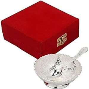 Aluminium -Silver Plated Small Bowl Set with Spoon Size - 3.5 Inch Diameter Bowl , capacity -100 ml /3.38 OZ -30 Grams bowl weight