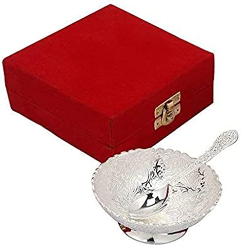 Aluminium -Silver Plated Small Bowl Set with Spoon Size - 3.5 Inch Diameter Bowl , capacity -100 ml /3.38 OZ -30 Grams bowl weight