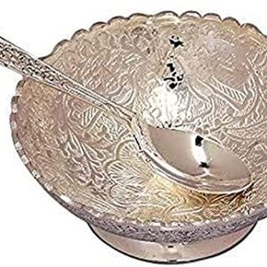 Aluminium -Silver Plated Small Bowl Set with Spoon Size - 3.5 Inch Diameter Bowl , capacity -100 ml /3.38 OZ -30 Grams bowl weight