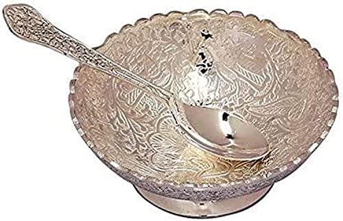 Aluminium -Silver Plated Small Bowl Set with Spoon Size - 3.5 Inch Diameter Bowl , capacity -100 ml /3.38 OZ -30 Grams bowl weight