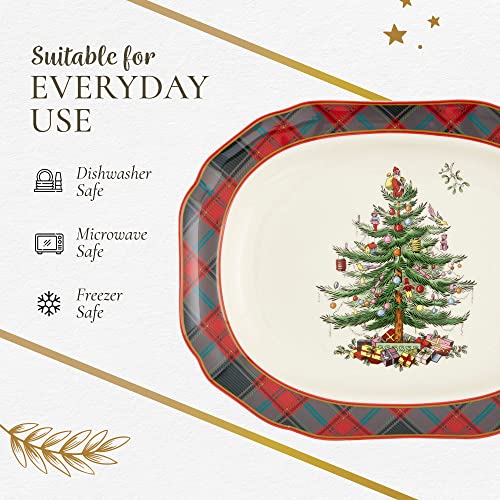 Spode Christmas Tree Tartan Rectangular Platter, 14-Inch Large Serving Tray for Meats, Cheeses, and Desserts | Made of Fine Earthenware | Dishwasher and Microwave Safe