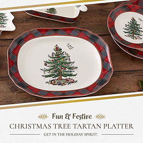 Spode Christmas Tree Tartan Rectangular Platter, 14-Inch Large Serving Tray for Meats, Cheeses, and Desserts | Made of Fine Earthenware | Dishwasher and Microwave Safe