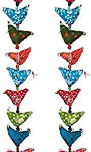 FIKIMOS Floral Cotton Stuffed Small Birds in Vibrant Design Stringed with Beads Brass Bell Door Hanging Assorted Set of 2 Pcs