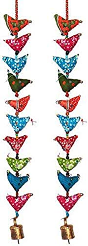 FIKIMOS Floral Cotton Stuffed Small Birds in Vibrant Design Stringed with Beads Brass Bell Door Hanging Assorted Set of 2 Pcs