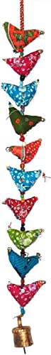 FIKIMOS Floral Cotton Stuffed Small Birds in Vibrant Design Stringed with Beads Brass Bell Door Hanging Assorted Set of 2 Pcs