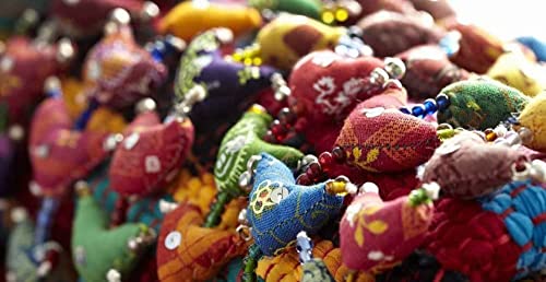 FIKIMOS Floral Cotton Stuffed Small Birds in Vibrant Design Stringed with Beads Brass Bell Door Hanging Assorted Set of 2 Pcs