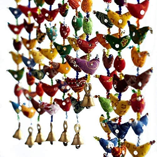 FIKIMOS Floral Cotton Stuffed Small Birds in Vibrant Design Stringed with Beads Brass Bell Door Hanging Assorted Set of 2 Pcs