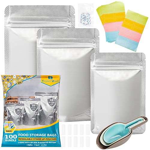 TradosWares 100pcs Mylar Bags for Food Storage - 400cc Mylar Ziplock Bags with Oxygen Absorbers and labels - 10 mil 10"x14"(30pcs) 7"x10(30pcs) 5"x7"(40pcs) - Resealable Bags for Packaging