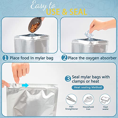 TradosWares 100pcs Mylar Bags for Food Storage - 400cc Mylar Ziplock Bags with Oxygen Absorbers and labels - 10 mil 10"x14"(30pcs) 7"x10(30pcs) 5"x7"(40pcs) - Resealable Bags for Packaging