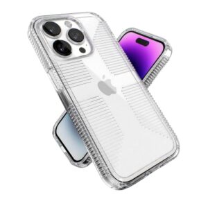 speck clear iphone 14 pro case - slim phone case with drop protection, scratch resistant & anti yellowing case with no slip grip for iphone 14 pro 6.1 inch model - gemshell grip hard case