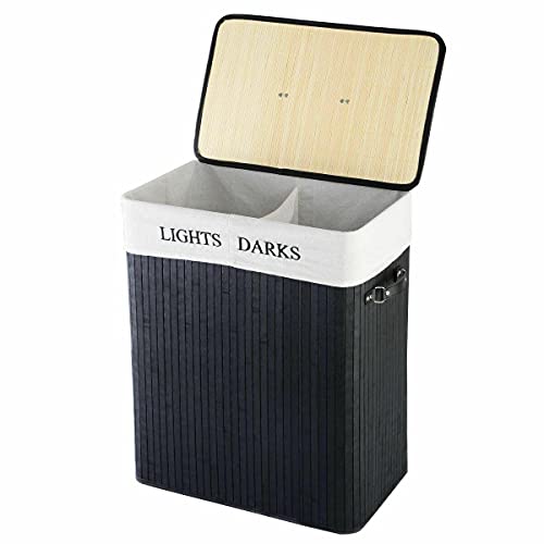 XDE Double Rectangle Bamboo Hamper Laundry Basket Cloth Storage Bag Black Laundry basket Hampers for laundry Clothes hamper Laundry hamper with lid Laundry basket Laundry baskets Laundry basket