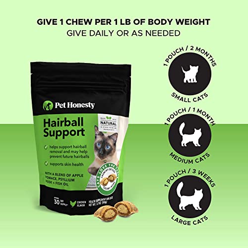 Pet Honesty Cat Hairball Support Chews - Cat Hairball Solution, Supports Skin & Coat and Digestion, May Help Eliminate Furballs, Cat Vitamins and Supplements - Chicken (30-Day Supply)