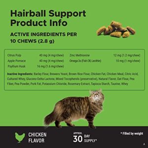 Pet Honesty Cat Hairball Support Chews - Cat Hairball Solution, Supports Skin & Coat and Digestion, May Help Eliminate Furballs, Cat Vitamins and Supplements - Chicken (30-Day Supply)