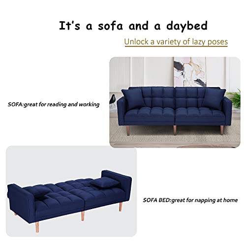 Modern Futon Sofa Bed, 75" Convertible Sleeper Sofa with Armrests and Guests w/ 2 Pillows, Recliner Couch with 5 Solid Wooden Legs, Twin Size Sofa for Living Room (Navy Blue+Fabric)