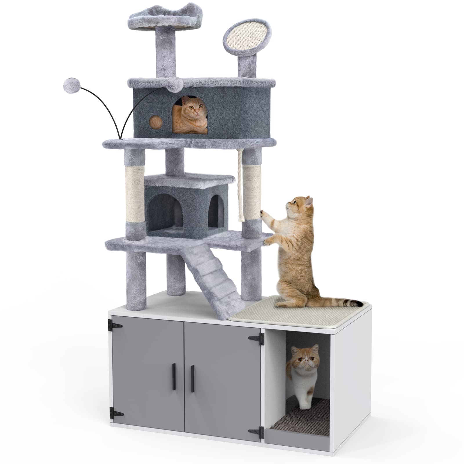 GDLF Cat Litter Box Enclosure Hidden Cat Washroom with Cat Tower All-in-One Large Cat Tree Cat Condo with Sisal Scratching Post & Pad 65”