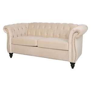 MIYZEAL Modern Chesterfield Loveseat, Velvet 2 Seater Couch Upholstered Sofa with Tufted Back, Roll Arm Classic Settee with Nailhead Trim for Living Room Bedroom (Beige)