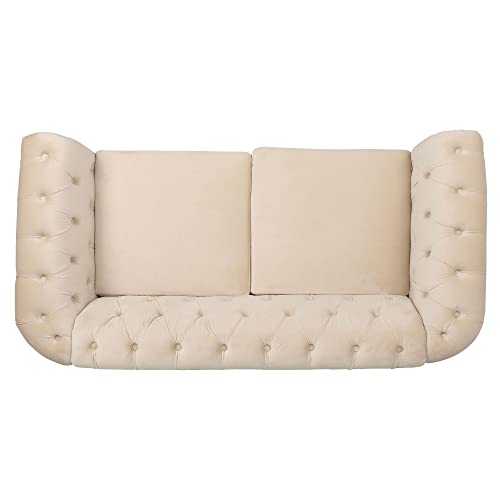 MIYZEAL Modern Chesterfield Loveseat, Velvet 2 Seater Couch Upholstered Sofa with Tufted Back, Roll Arm Classic Settee with Nailhead Trim for Living Room Bedroom (Beige)