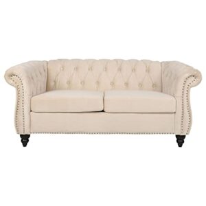 MIYZEAL Modern Chesterfield Loveseat, Velvet 2 Seater Couch Upholstered Sofa with Tufted Back, Roll Arm Classic Settee with Nailhead Trim for Living Room Bedroom (Beige)