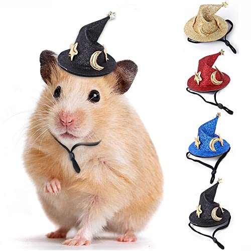 4 Pack Small Animal Halloween Wizard Hat with Elastic Chin Strap for Hamster Bearded Dragon Chinchilla Ferret Guinea Pig Cosplay Party Dress up Apparel Outfit (4 Pack)