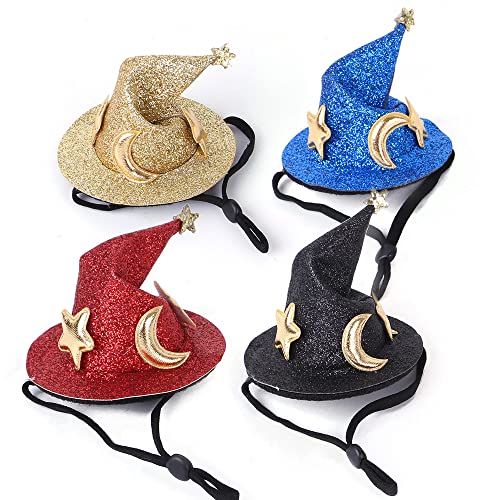 4 Pack Small Animal Halloween Wizard Hat with Elastic Chin Strap for Hamster Bearded Dragon Chinchilla Ferret Guinea Pig Cosplay Party Dress up Apparel Outfit (4 Pack)