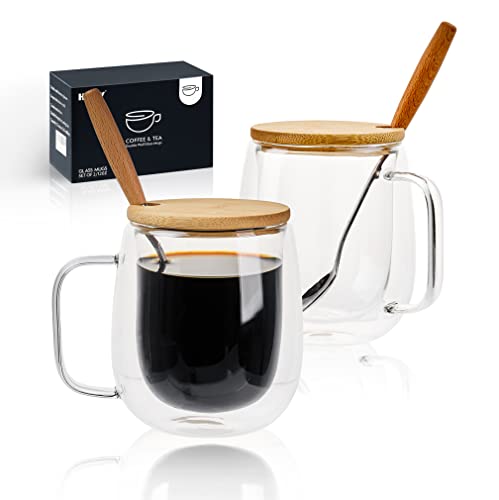 Mugs 12 oz Glass Espresso Cup with Lids Spoon - Double Wall Insulated Clear Coffee Mugs With Handle & Suspended Base Design - Thick Expresso Coffee Cups For Americano, Lattes, Tea (Set of 2,Gift Box)