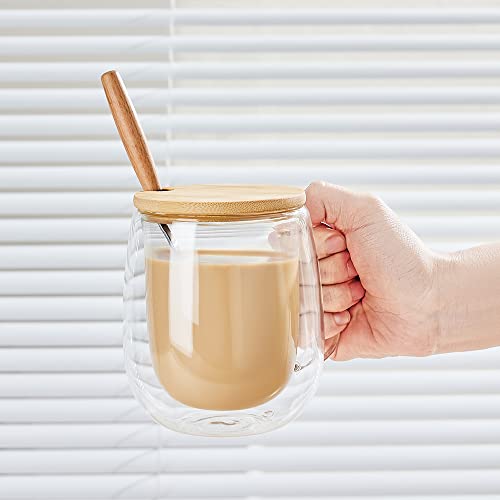 Mugs 12 oz Glass Espresso Cup with Lids Spoon - Double Wall Insulated Clear Coffee Mugs With Handle & Suspended Base Design - Thick Expresso Coffee Cups For Americano, Lattes, Tea (Set of 2,Gift Box)