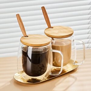 Mugs 12 oz Glass Espresso Cup with Lids Spoon - Double Wall Insulated Clear Coffee Mugs With Handle & Suspended Base Design - Thick Expresso Coffee Cups For Americano, Lattes, Tea (Set of 2,Gift Box)