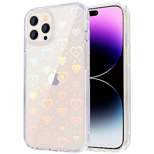 Tksafy Compatible iPhone 14 Pro Max Case, Clear Glitter Cute Laser Holographic Love Heart Pattern for Women Girls, Anti-Yellow Hard PC Protective Phone Case for iPhone 14 Pro Max 2022, Rainbow Heart