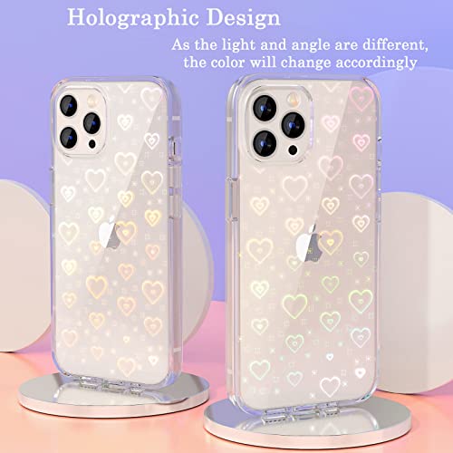 Tksafy Compatible iPhone 14 Pro Max Case, Clear Glitter Cute Laser Holographic Love Heart Pattern for Women Girls, Anti-Yellow Hard PC Protective Phone Case for iPhone 14 Pro Max 2022, Rainbow Heart