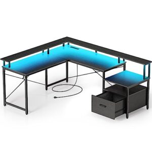 rolanstar computer desk with file drawer, 68" l shaped desk with power outlet & led strip, l shaped computer corner desk with file cabinet, gaming desk with monitor shelf, home office desk, black