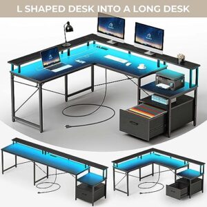 Rolanstar Computer Desk with File Drawer, 68" L Shaped Desk with Power Outlet & LED Strip, L Shaped Computer Corner Desk with File Cabinet, Gaming Desk with Monitor Shelf, Home Office Desk, Black