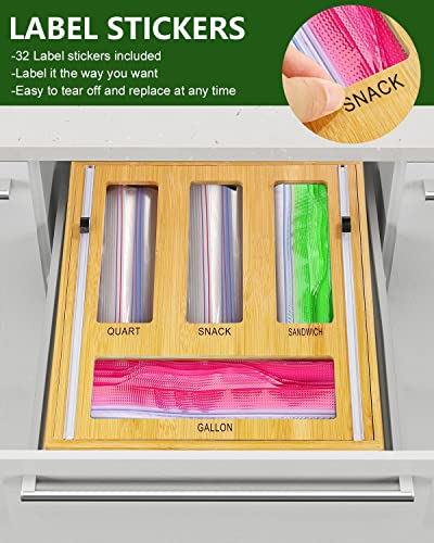 HikeSkyer Ziplock Bag Organizer, Plastic Wrap Dispenser with Cutter, 6-In-1 Expandable Kitchen Drawer Organizer, Compatible with Gallon, Quart, Sandwich, Snack Bag, Foil and Wax Paper