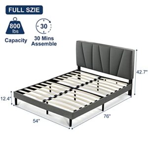 IYEE NATURE Full Size Platform Bed Frame with Headboard and Wood Slat Support, Full Bed for Large Storage Space/Mattress Foundation/No Box Spring Needed/Easy Assembly, Grey