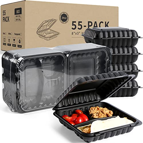 YANGRUI Clamshell Food Containers, Shrink Wrap 55 Pack 8 Inch To Go Containers BPA Free Microwave Freezer Safe Plastic Hinged Clamshell Take Out Containers