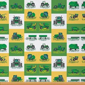 boys cartoon truck car fabric by the yard, kids construction vehicles tractor upholstery fabric, children farm excavator decorative fabric, construction site cars fabric, green yellow, 2 yards