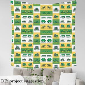 Boys Cartoon Truck Car Fabric by The Yard, Kids Construction Vehicles Tractor Upholstery Fabric, Children Farm Excavator Decorative Fabric, Construction Site Cars Fabric, Green Yellow, 2 Yards