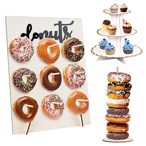 FHDUSRYO Wood Reusable Bagel Donut Stand, Wooden Donut Wall Stand and White Gold 3-Tier Cardboard Cupcake Stand for Wedding, Birthdays, Party Decoration