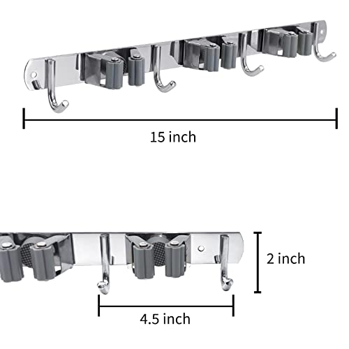 Mop Broom Holder, 4 Hooks and 3 Racks Wall Mount Long Grippers Hanger for Household Easy Storage Clip Racks, No-Slip Utility Hooks Tool Hanger for Home, Bathroom, Kitchen, Garden, Garage