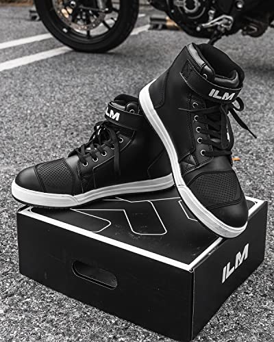 ILM Motorcycle Shoes for Men Black Waterproof Street Riding Protective Gear Breathable Powersport Anti-Slip Footwear with Ankle Support, Shift pad (Black,8.5)