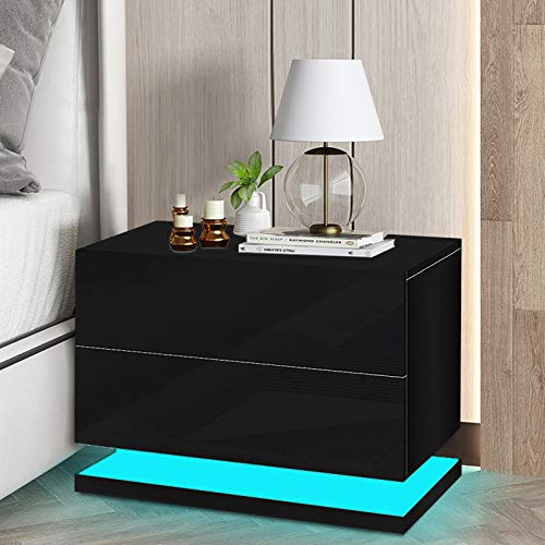 Nightstand with 2 Drawers,Nightstand with LED Lights Bedside Table Tall End Table Storage Cabinet for Bedroom Furniture (Black)