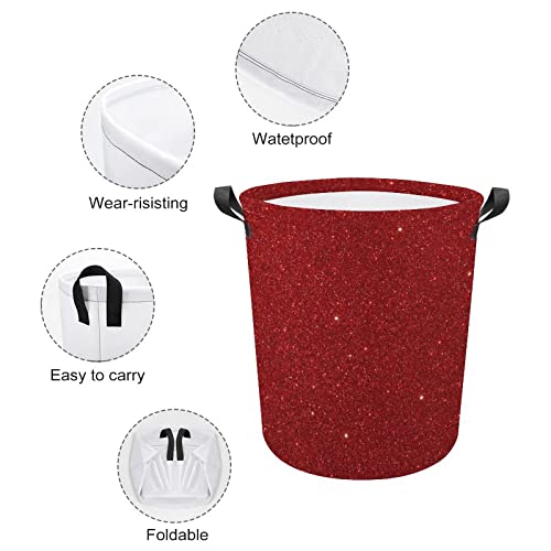 HoaMoya Collapsible Shiny Red Glitter Printed Laundry Basket Freestanding Laundry Hamper With Handles Large Waterproof Cloth Toy Storage Bin for Household Bedroom Bathroom