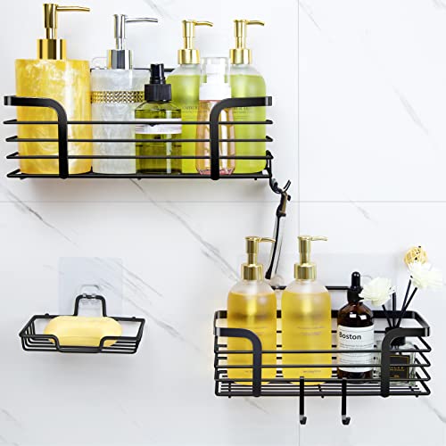 Shower Caddy, Adhesive Shower Organizer with Soap Dish and 4 Hooks, Rustproof Stainless Steel Shower Shelves, Wall Mounted No Drilling Storage Shelf Basket Accessories for Bathroom & Kitchen