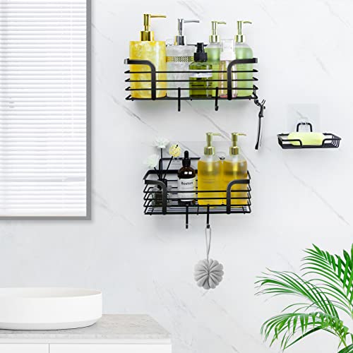 Shower Caddy, Adhesive Shower Organizer with Soap Dish and 4 Hooks, Rustproof Stainless Steel Shower Shelves, Wall Mounted No Drilling Storage Shelf Basket Accessories for Bathroom & Kitchen