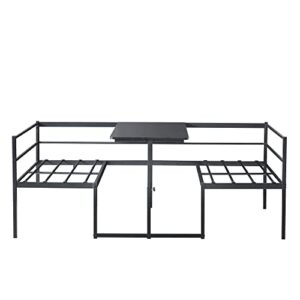 FULLJOJOR Twin Size Metal Daybed, Adjustable Sofa Bed Day Bed with Metal Slats and Convertible Built-in-Desk, No Box Spring Needed