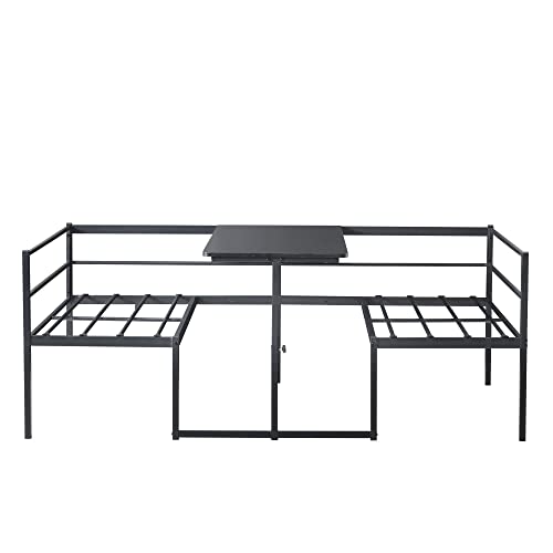 FULLJOJOR Twin Size Metal Daybed, Adjustable Sofa Bed Day Bed with Metal Slats and Convertible Built-in-Desk, No Box Spring Needed