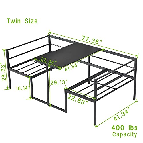 FULLJOJOR Twin Size Metal Daybed, Adjustable Sofa Bed Day Bed with Metal Slats and Convertible Built-in-Desk, No Box Spring Needed